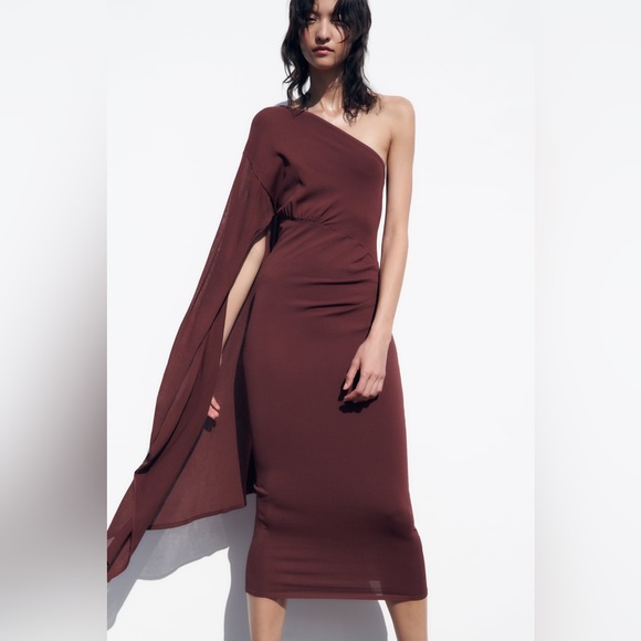 Zara | Dresses | Zara One Shoulder Brown Midi Dress Long Bell Sleeve ...